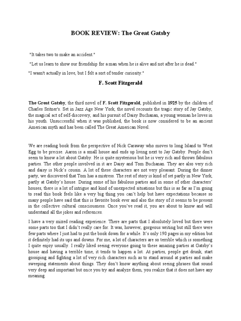 BOOK REVIEW - The Great Gatsby | PDF | The Great Gatsby | Novels