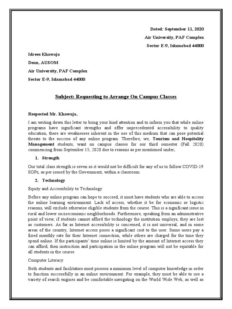 Letter To Dean | PDF | Distance Education | Educational Technology