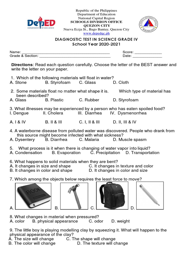 Diagnostic Test in Science Grade Iv School Year 2020-2021: Schools ...