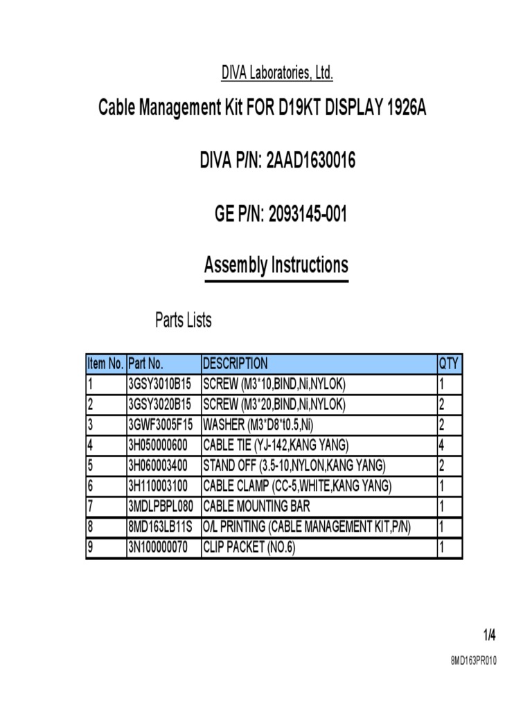Cable Management Kit Instructions for D19KT | PDF | Screw | Components