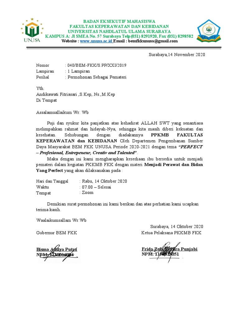 Surat Undangan Pemateri PKKMB FKK | PDF