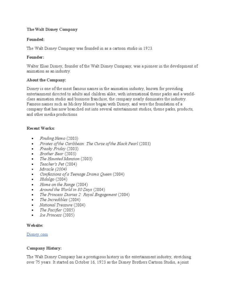 The Walt Disney Company Profile | PDF | The Walt Disney Company | Walt ...