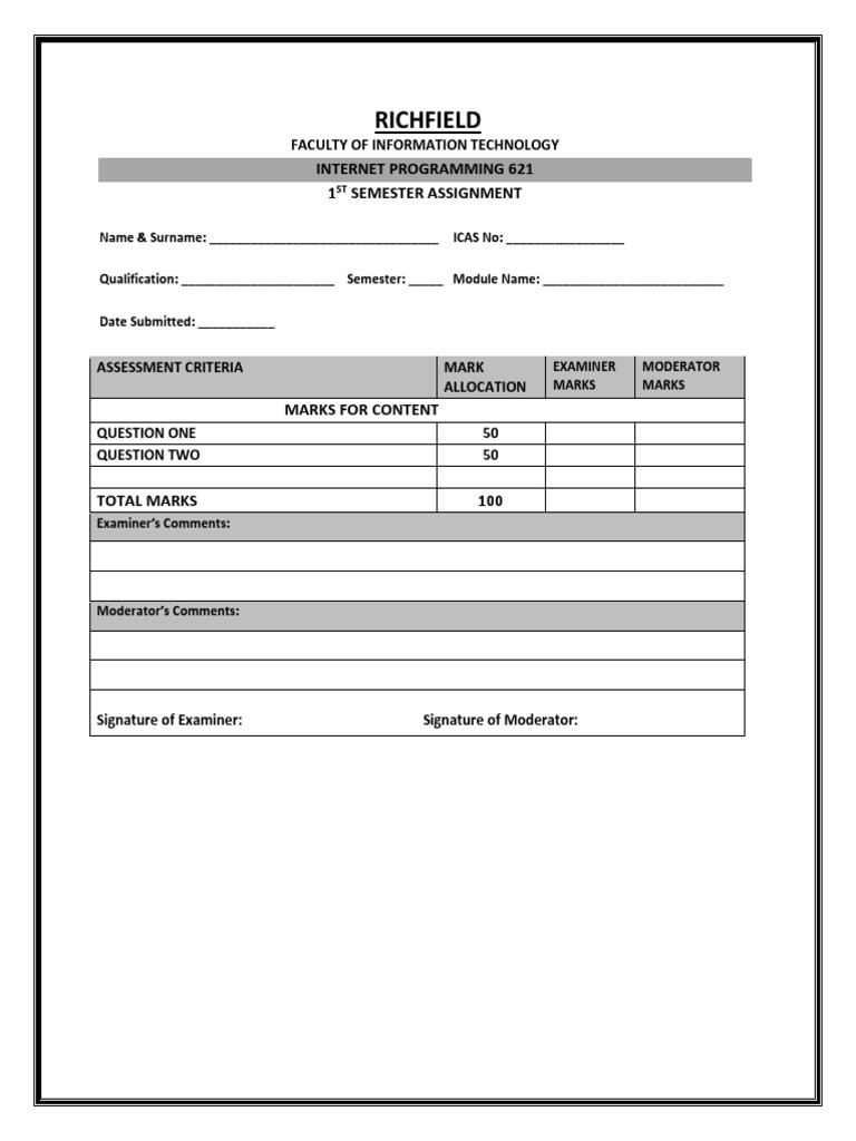 Richfield: Internet Programming 621 1 Semester Assignment | PDF | Software Engineering ...