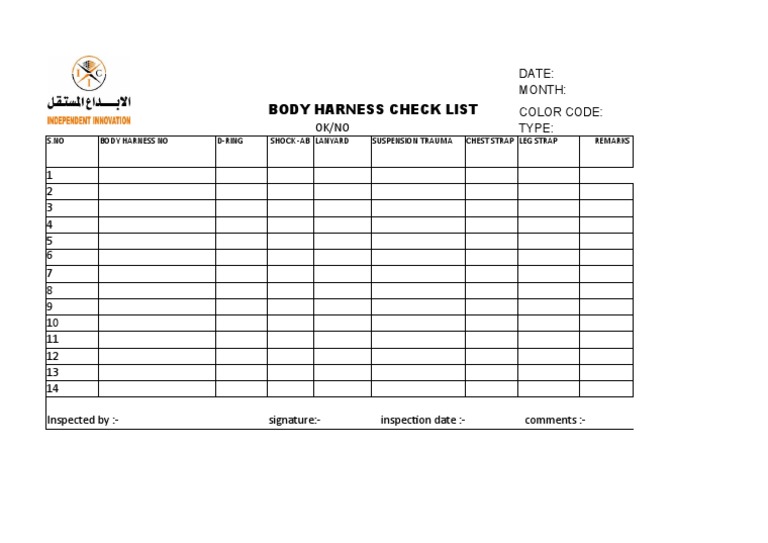 Body Harness Check List: Date: Month: Color Code: Ok/No Type | PDF