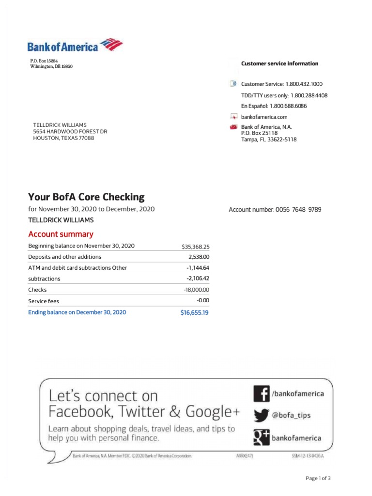 CheckingStatement BoA 30 11 2020 30 12 2020 | PDF | Cheque | Deposit ...