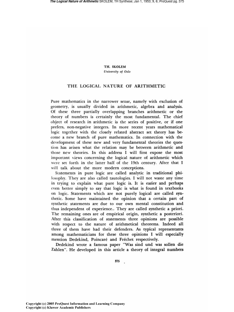 1958 - SKOLEM, TH. The Logical Nature of Arithmetic | PDF