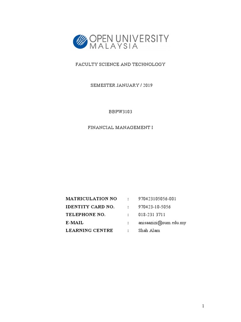 Faculty Science and Technology: Matriculation No: Identity Card No ...
