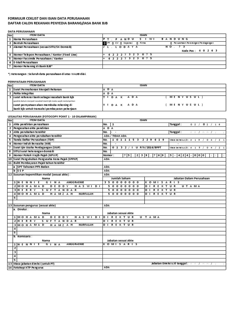 Formulir Check List Dan Isian Data Perusahaan | PDF