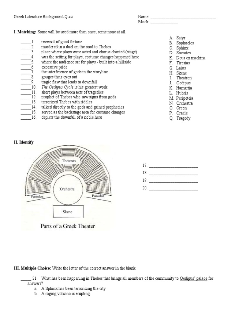 Greek Theatre Quiz | PDF | Oedipus | Theban Mythology