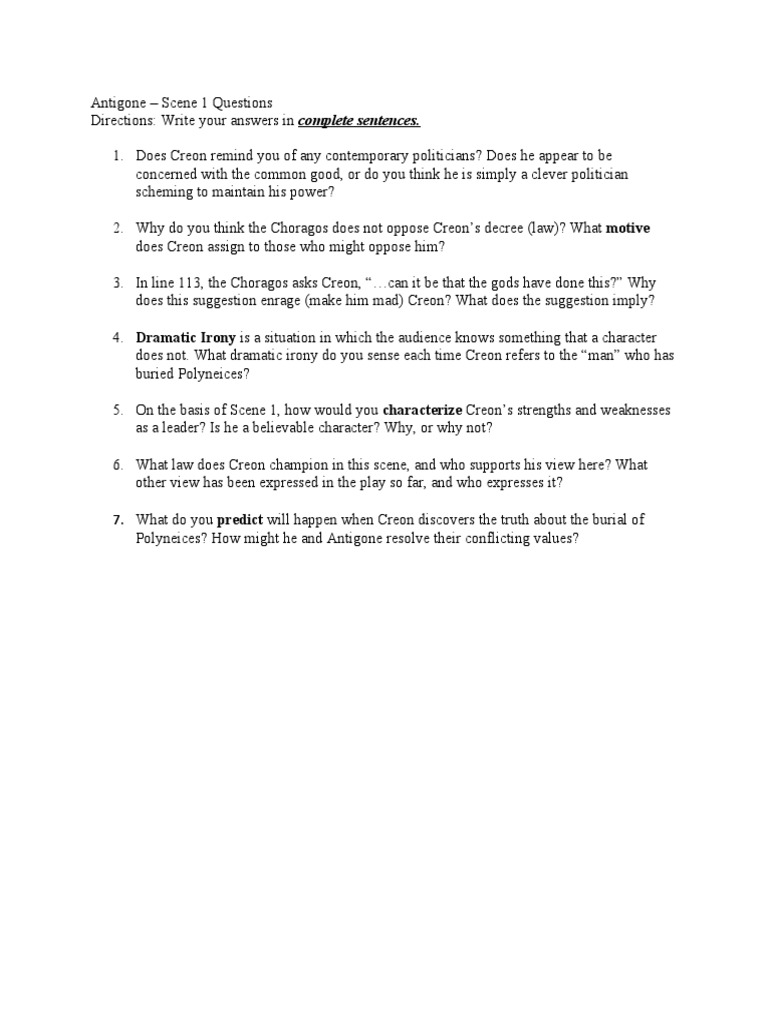 Antigone Scene 1 Questions | PDF