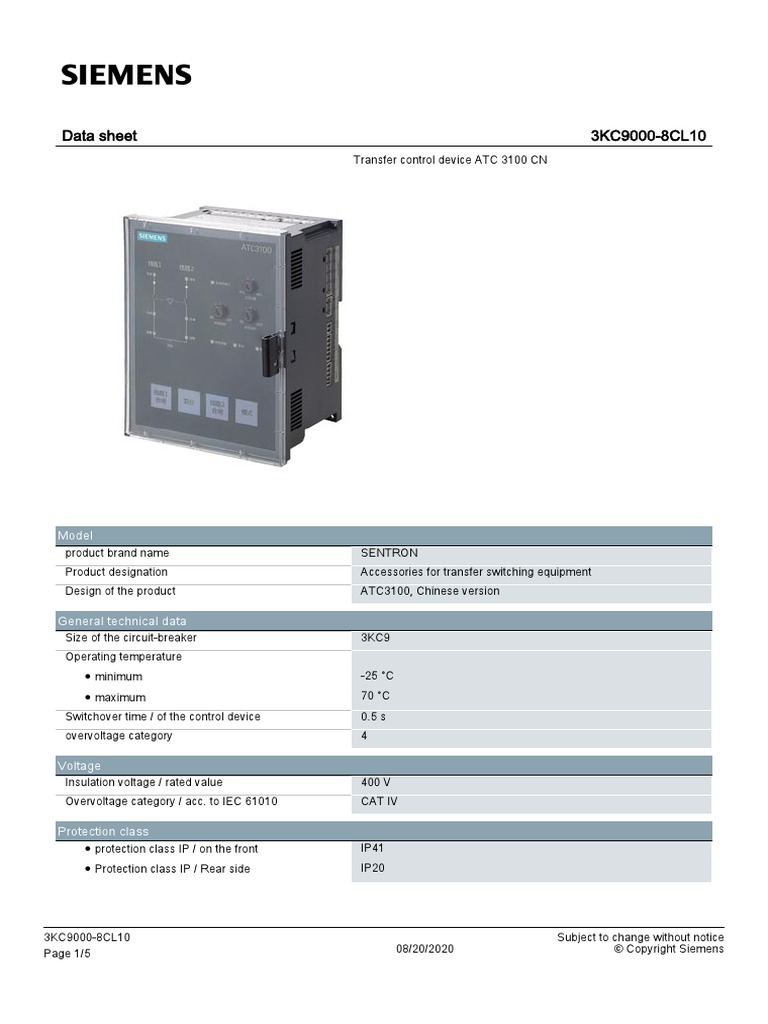 Data Sheet 3KC9000-8CL10: Model | PDF | Alternating Current | Relay