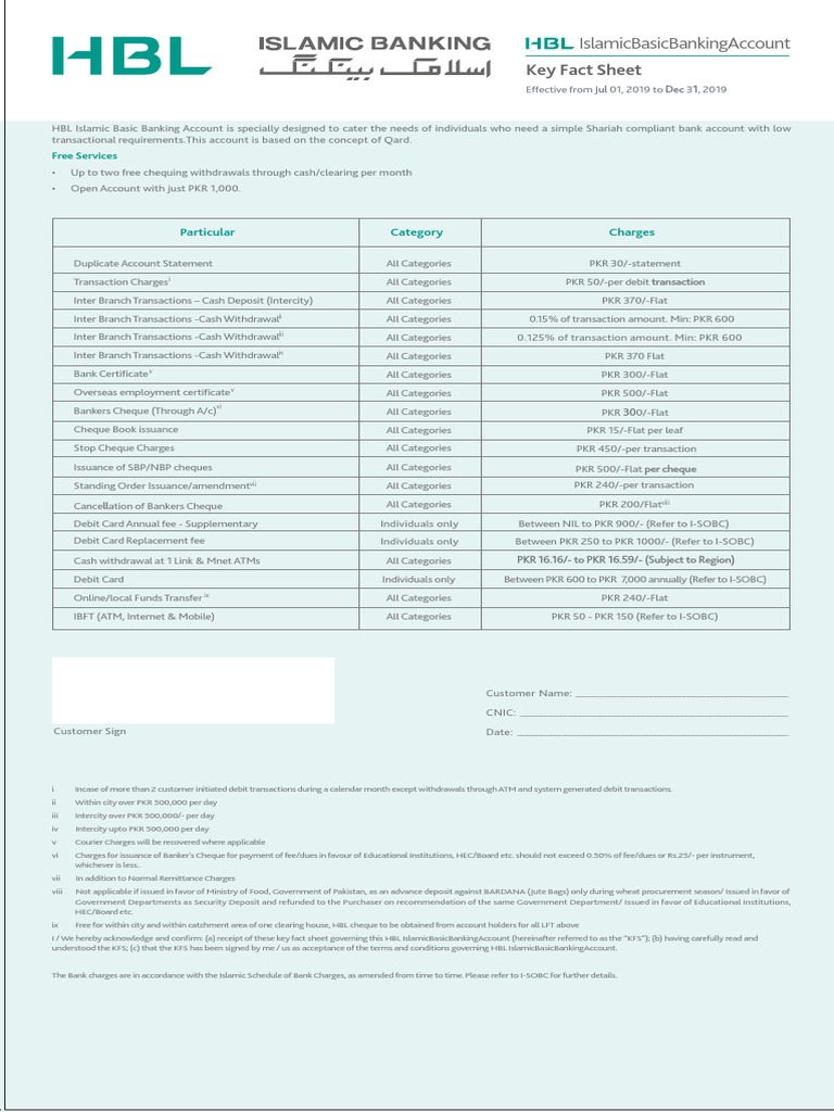 An Overview of Service Fees and Charges for the HBL Islamic Basic ...