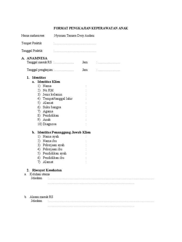 A. Anamnesa: Format Pengkajian Keperawatan Anak | PDF