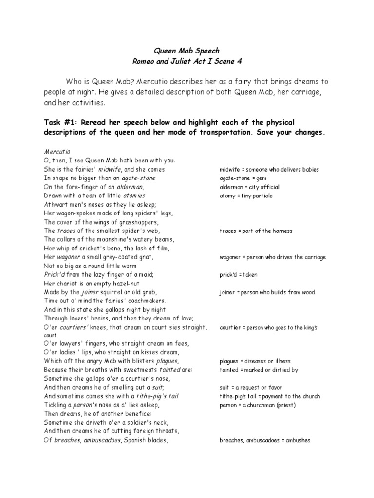 Queen Mab Speech Worksheet | PDF