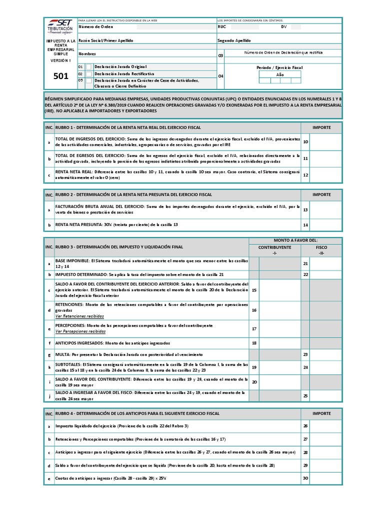 Formulario #501 - IRE SIMPLE Régimen Simple Versión 1 | PDF | Impuestos | Economias