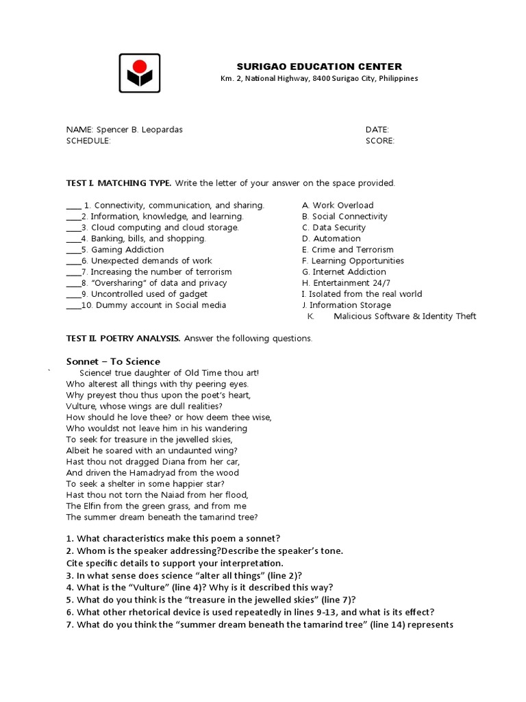 TEST I. MATCHING TYPE. Write The Letter of Your Answer On The Space ...