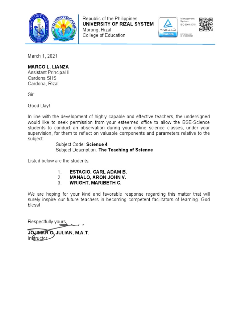 Science Class Observation Request | PDF
