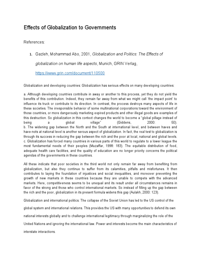 Effects of Globalization To Governments (Report) | PDF | Externality ...