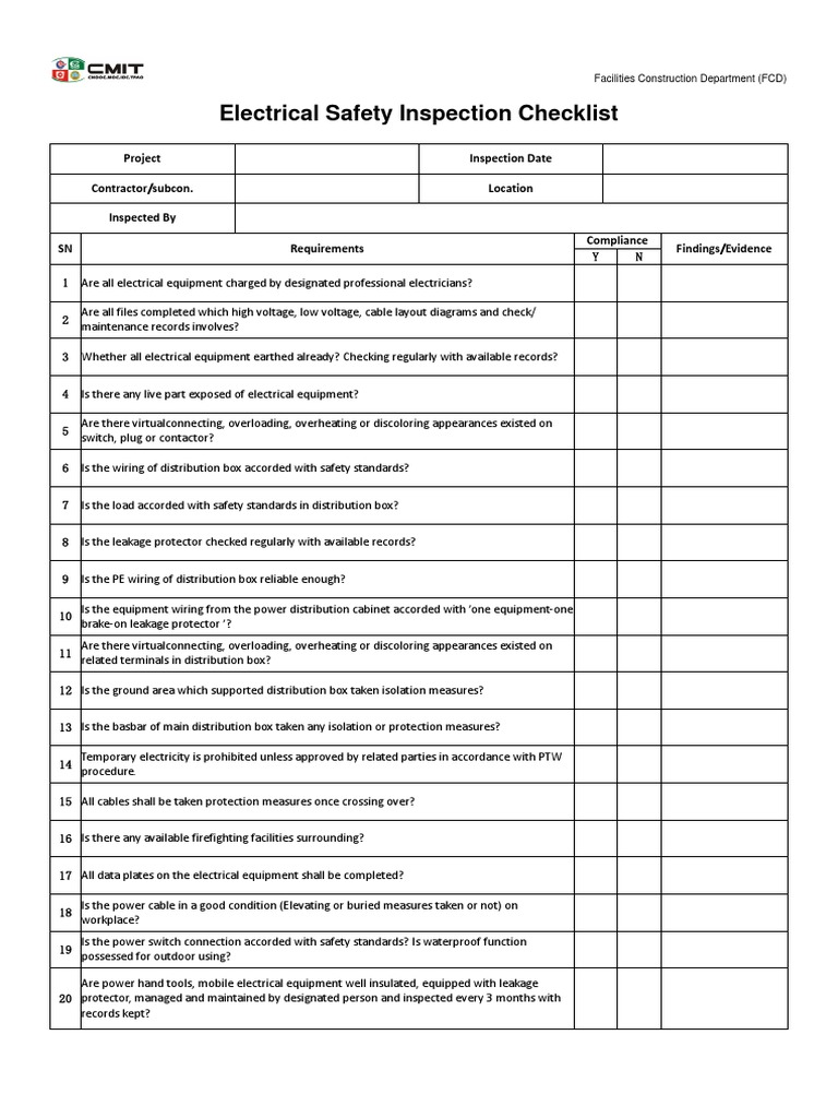 Electrical Safety Inspection Checklist | Download Free PDF | Electrical ...