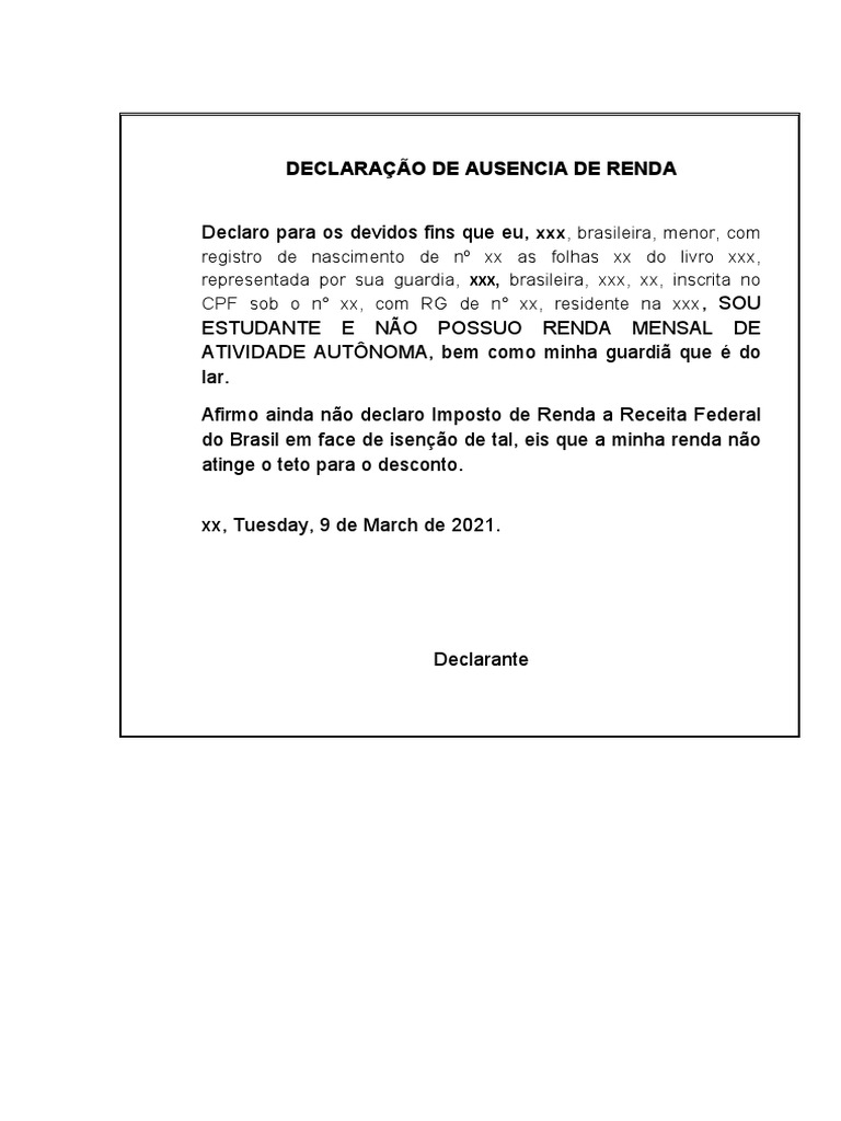 Declaração de Ausencia de Renda de Menor | PDF Declaração de Ausencia de Renda de Menor | PDF