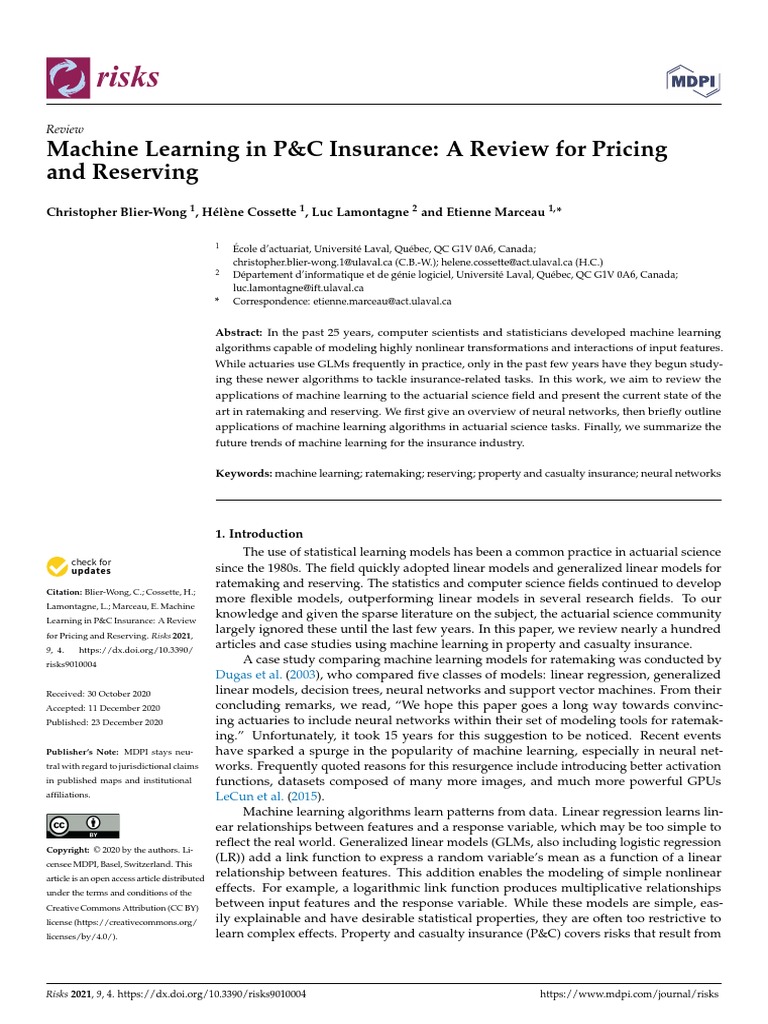 Risks: Machine Learning in P&C Insurance: A Review For Pricing and ...
