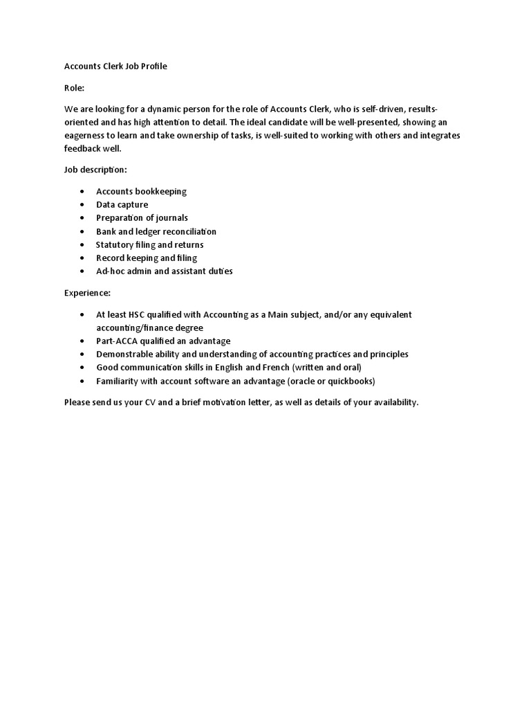 Accounts Clerk Job Profile | PDF | Finance & Money Management