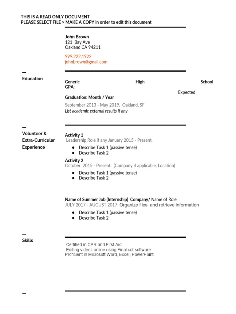 Resume Template HIGH SCHOOL AIM