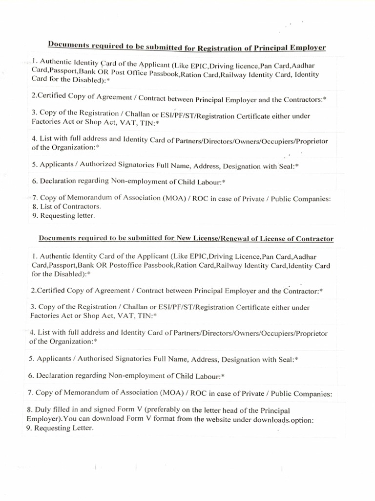 Documents For Contract Labour Liceance | PDF