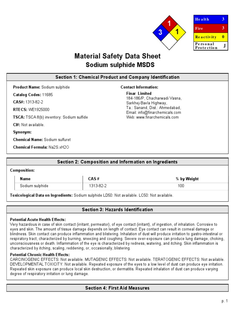 1 Material Safety Data Sheet: Sodium Sulphide MSDS | PDF | Toxicity | Fires