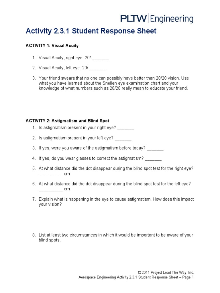 Activity 2.3.1 Student Response Sheet | PDF | Visual Acuity | Color