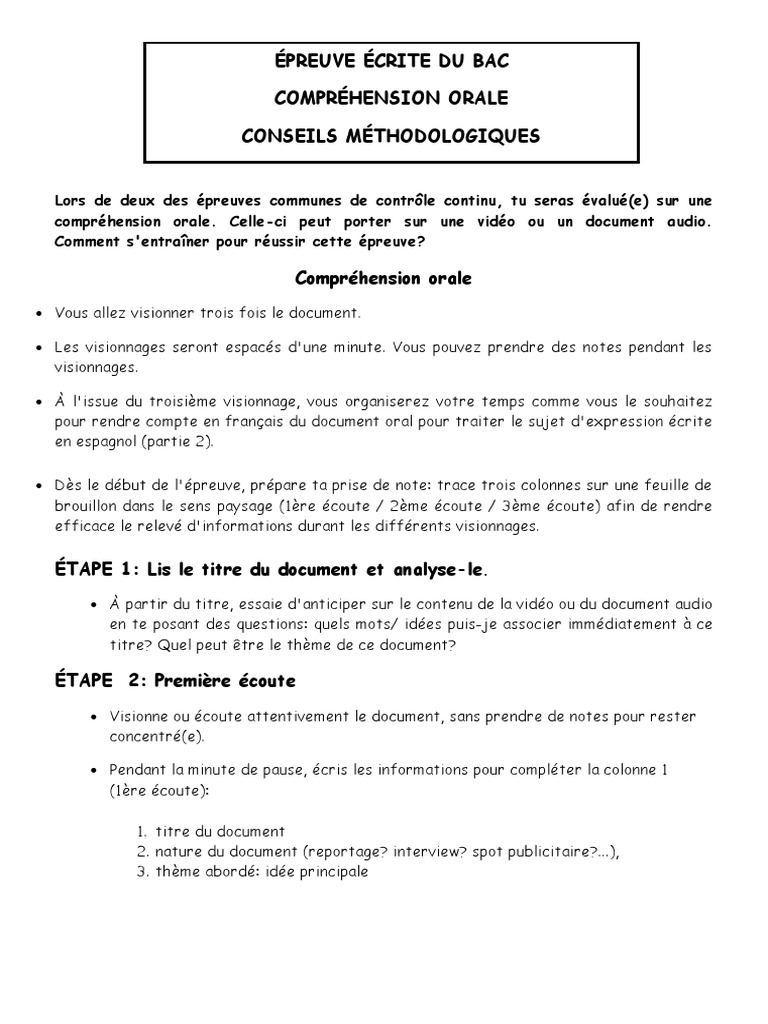Comprehension Oral Bac Espagnol Methodologie. | PDF