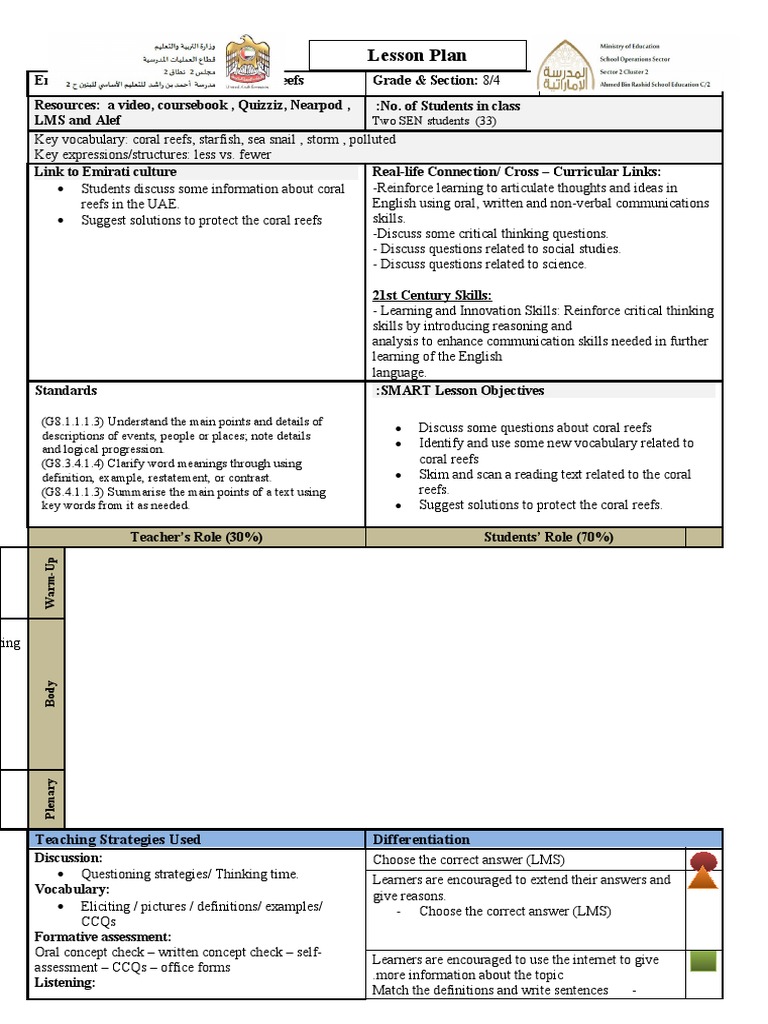 Unit7 L2 Coral Reefs (Lesson Plan) | PDF | Lesson Plan | Education Theory