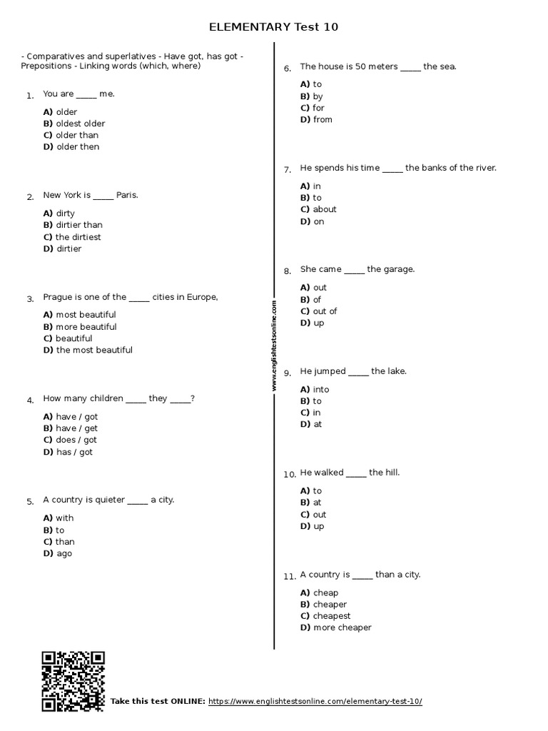 Elementary English Test 10 with Answers | PDF