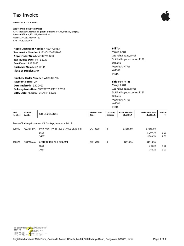 Tax Invoice: Apple India Private Limited | PDF | Invoice | Government ...