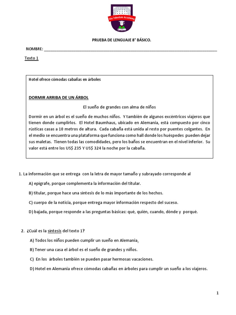 Prueba Lenguaje 8° Básico, Unidad 2. | PDF | Información