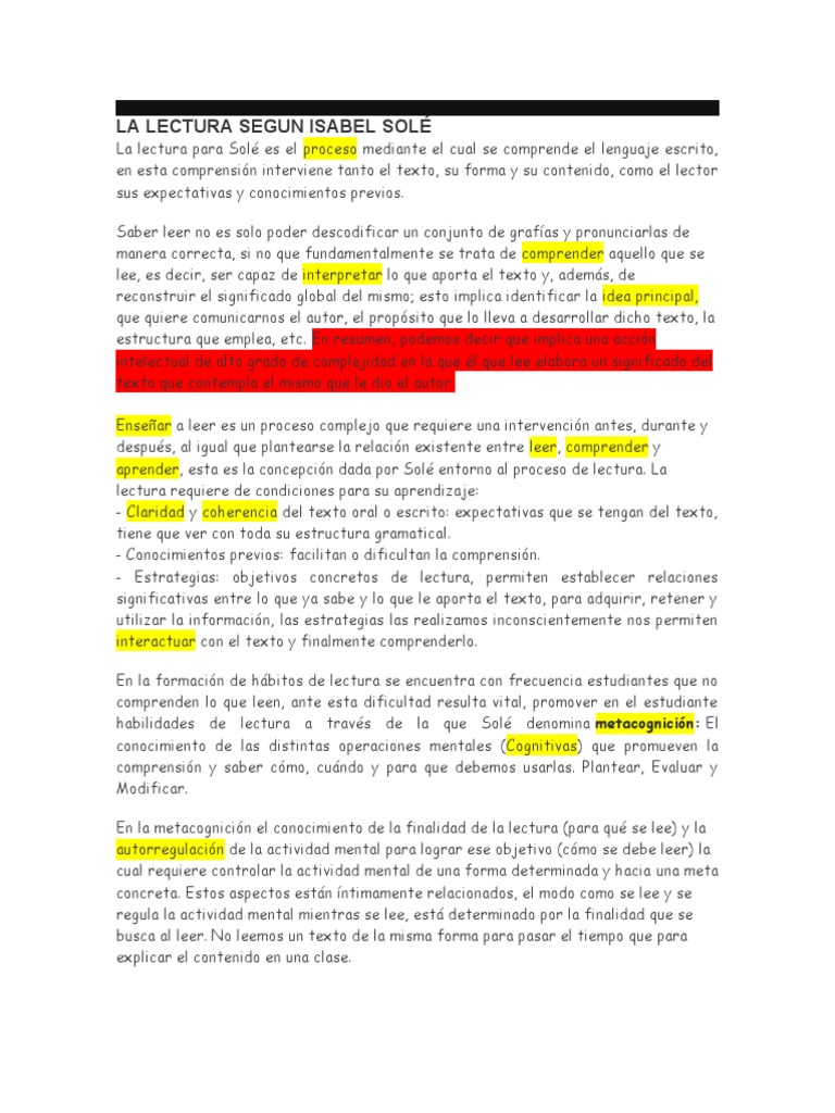 La Lectura Segun Isabel Solé | PDF | Aprendizaje | Sicología
