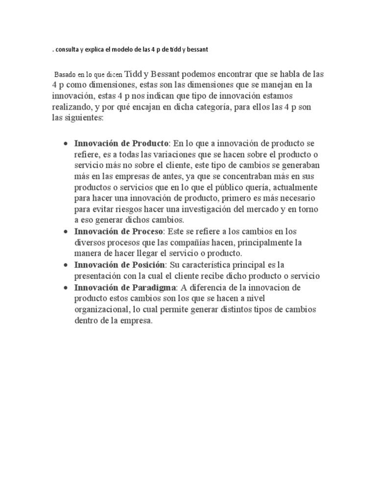 Consulta y Explica El Modelo de Las 4 P de Tidd y Bessant | PDF | Negocios | Finanzas y dinero