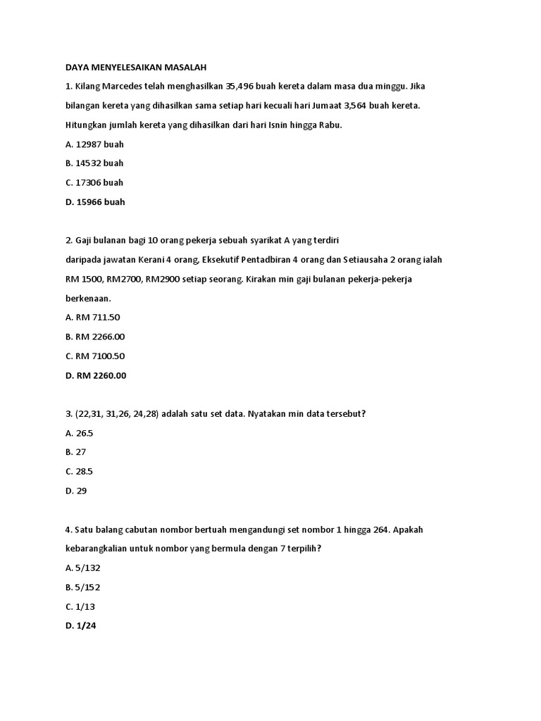 Contoh Soalan Exam Spa9: Daya Menyelesaikan Masalah (Matematik) | PDF