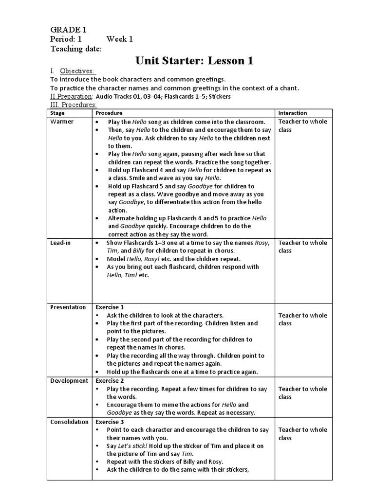 Unit Starter: Lesson 1: Grade 1 Period: 1 Week 1 Teaching Date | PDF ...
