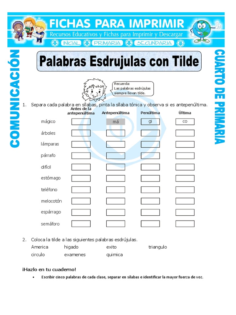 Ficha Palabras Esdrujulas Con Tilde para Cuarto de Primaria | PDF