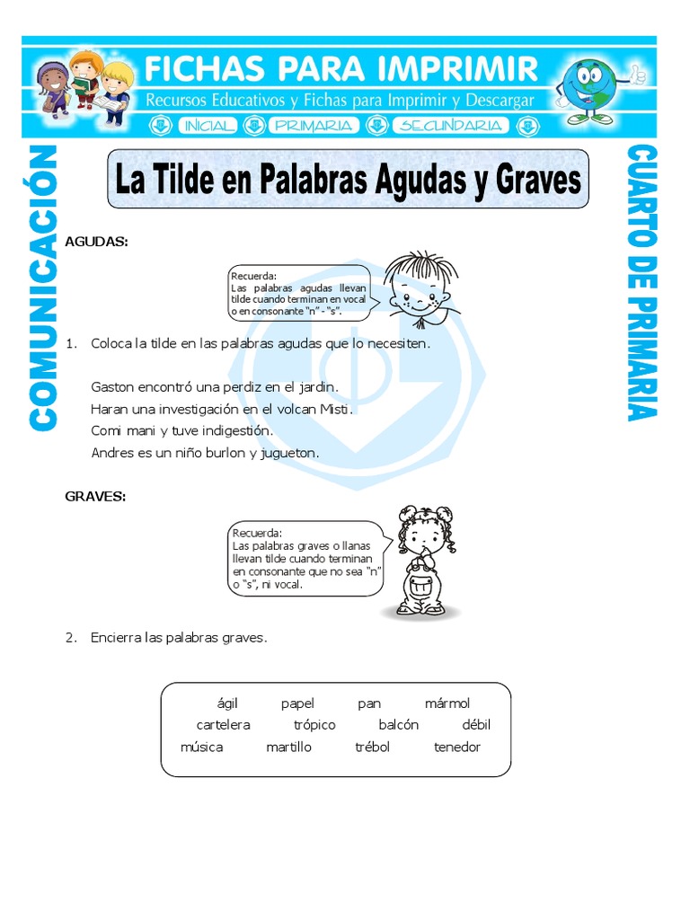 Ficha Palabras Agudas Con Tilde para Cuarto de Primaria | PDF
