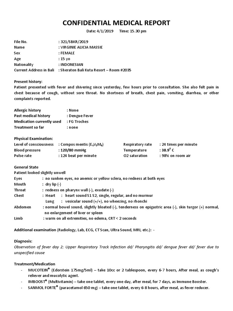CONFIDENTIAL MEDICAL REPORT Viginie Alicia Massie - FEVER | PDF | Fever ...
