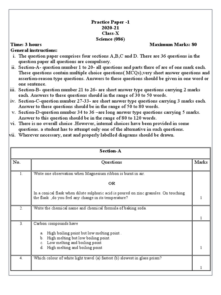 Class X Science Practice Paper 1 | PDF | Cellular Respiration | Chemistry