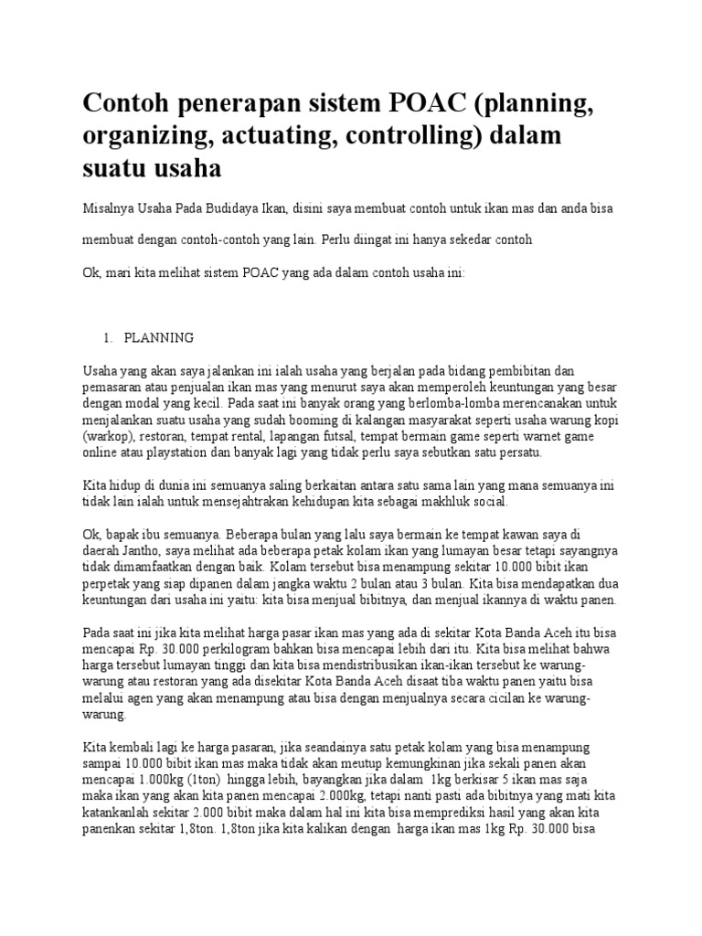 Contoh Penerapan Sistem POAC Planning or | PDF