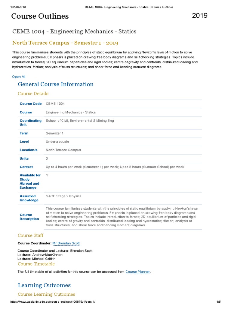 CEME 1004 - Engineering Mechanics - Statics - Course Outlines | PDF ...