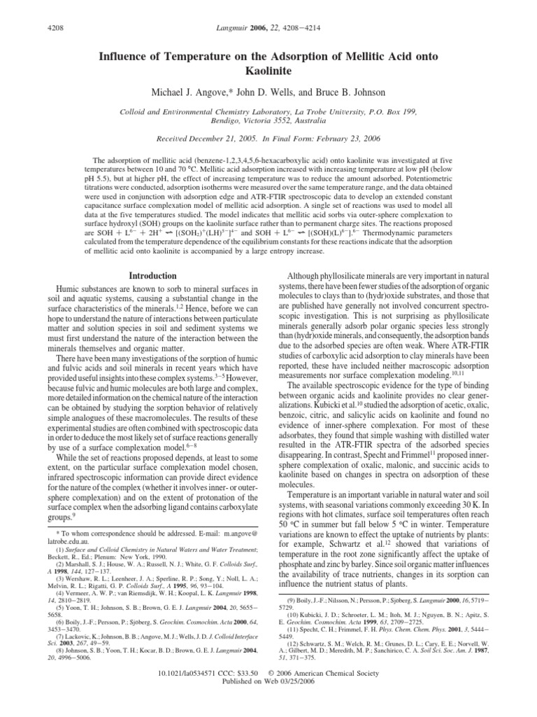 KaoliniteAdsMelliticAcidEffet T OuterSpherComplexa Langmuir 2006 | PDF ...