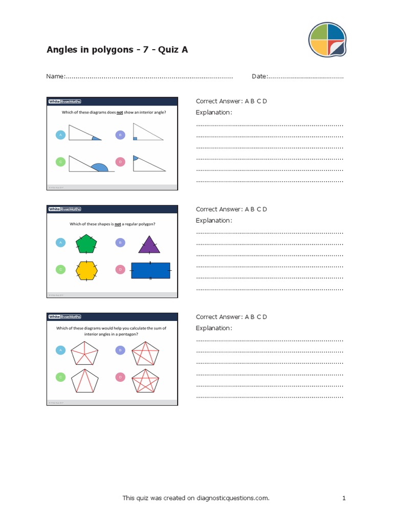 Angles in Polygons - 7 - Quiz A | PDF | Euclidean Plane Geometry ...