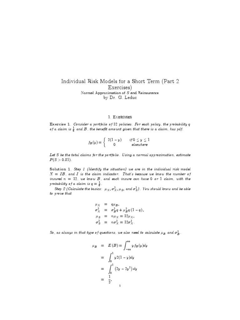 Individual Risk Model Exercises Analysis | PDF | Reinsurance | Variance