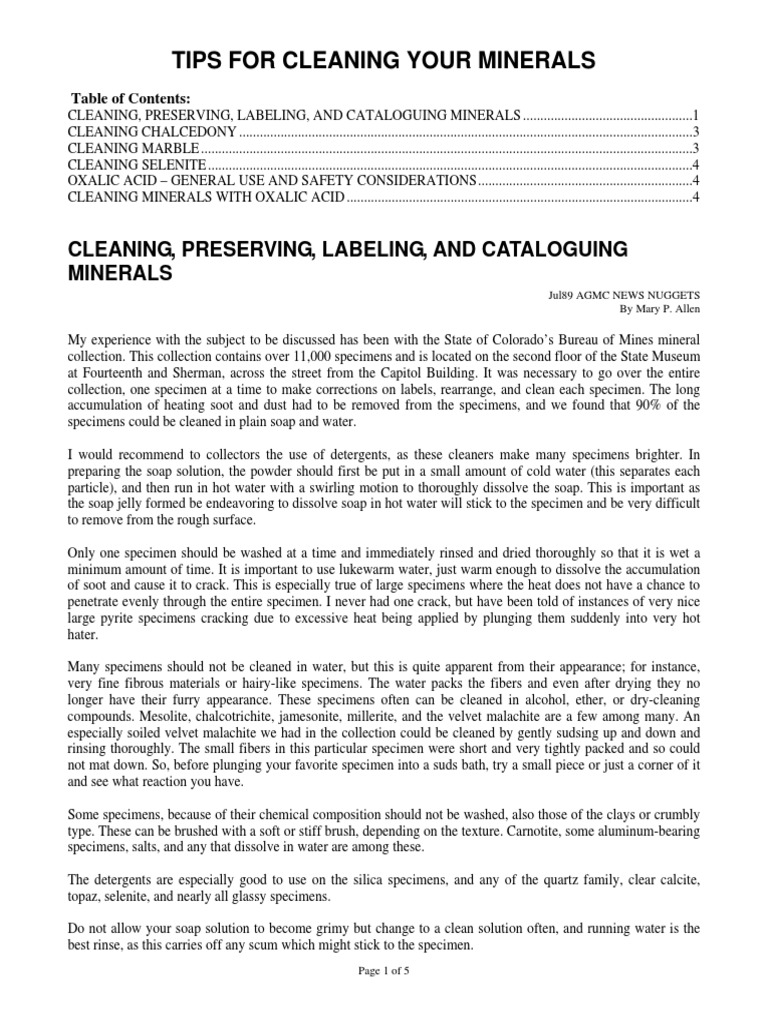 Tips For Cleaning Your Minerals | PDF | Iron | Nitric Acid
