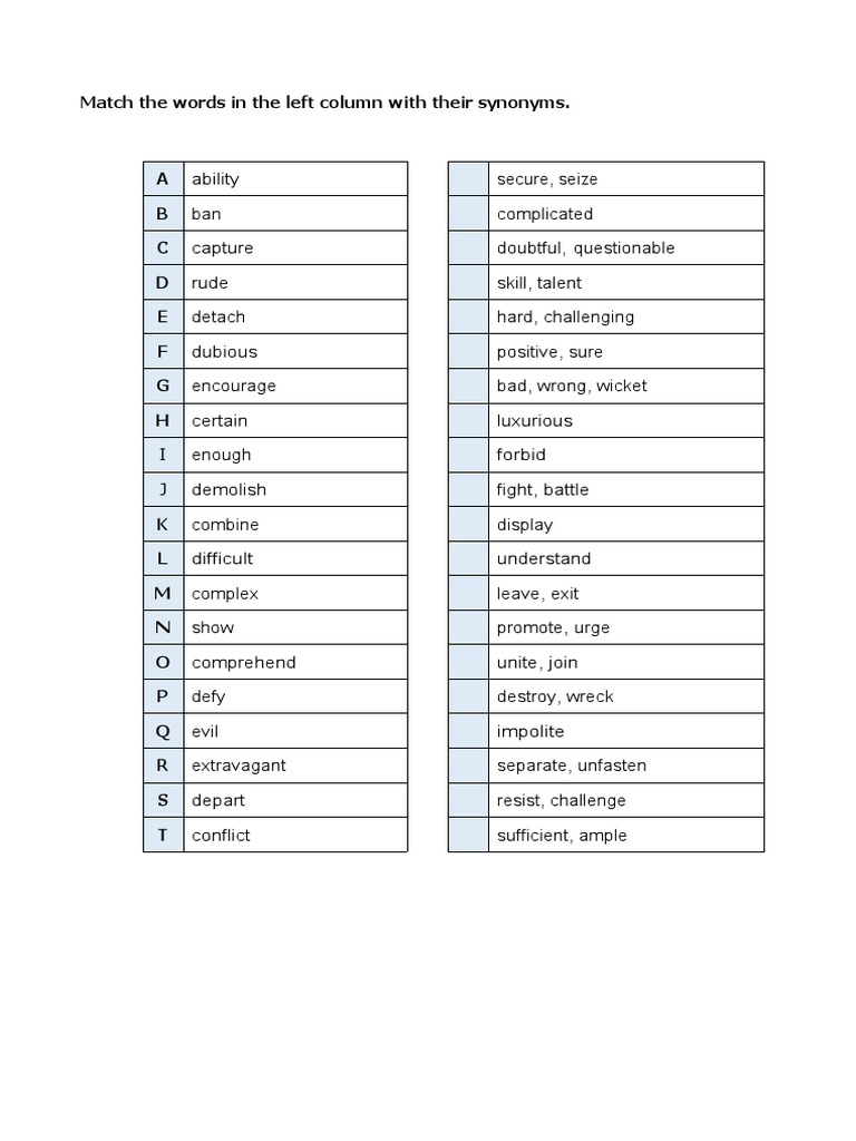 Match The Words in The Left Column With Their Synonyms | PDF